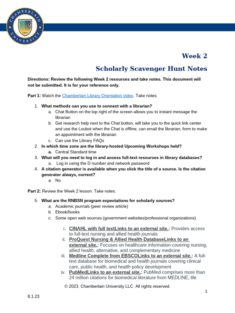 Week 2 Scholarly Scavenger Hunt Guide | PDF | Pub Med | Citation