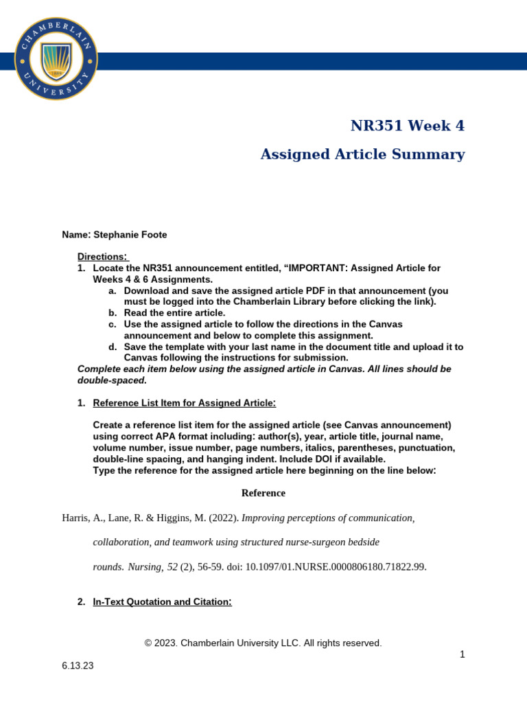 NR351 Week 4 Article Summary Guide | PDF | Citation | Apa Style
