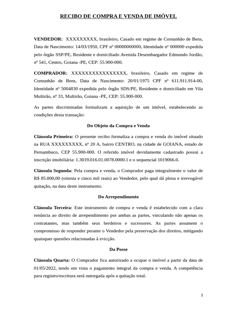 Recibo de Compra e Venda de Imóvel | PDF