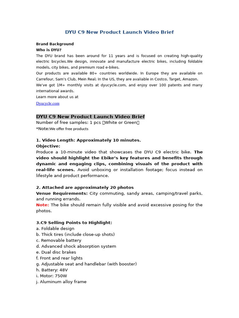 DYU C9 New Product Launch Video Brief | PDF