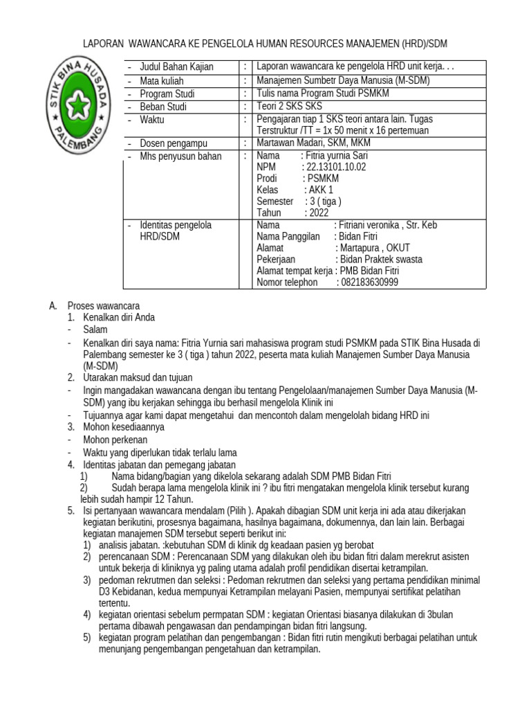 Form Lap wawancara Pengelola HRD-2 fitria | PDF
