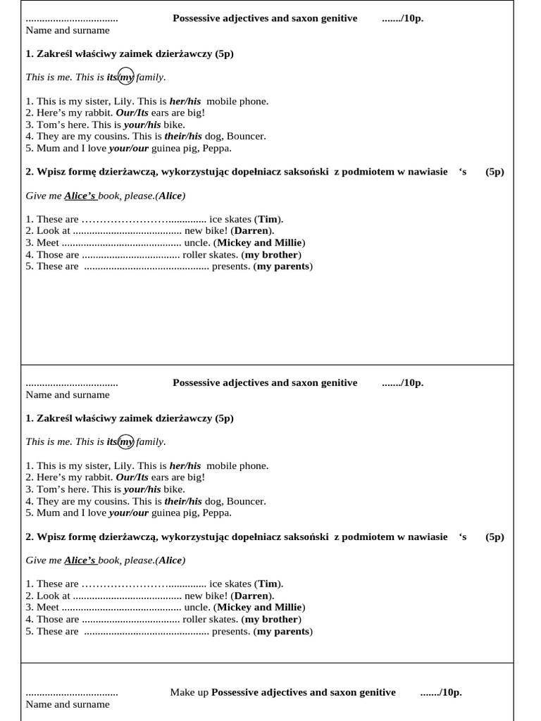 Possessive Adjectives & Saxon Genitive Exercises | PDF