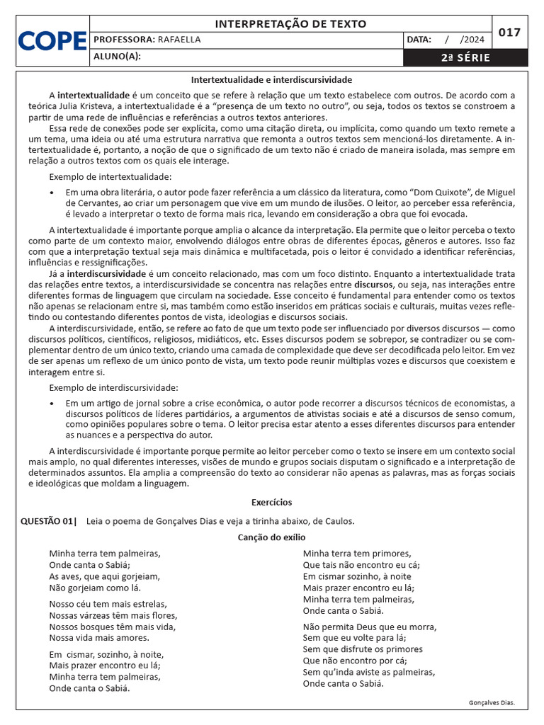 LISTA 17 - INTERTEXTO E INTERDISCURSO | PDF | Autor | Ideologias