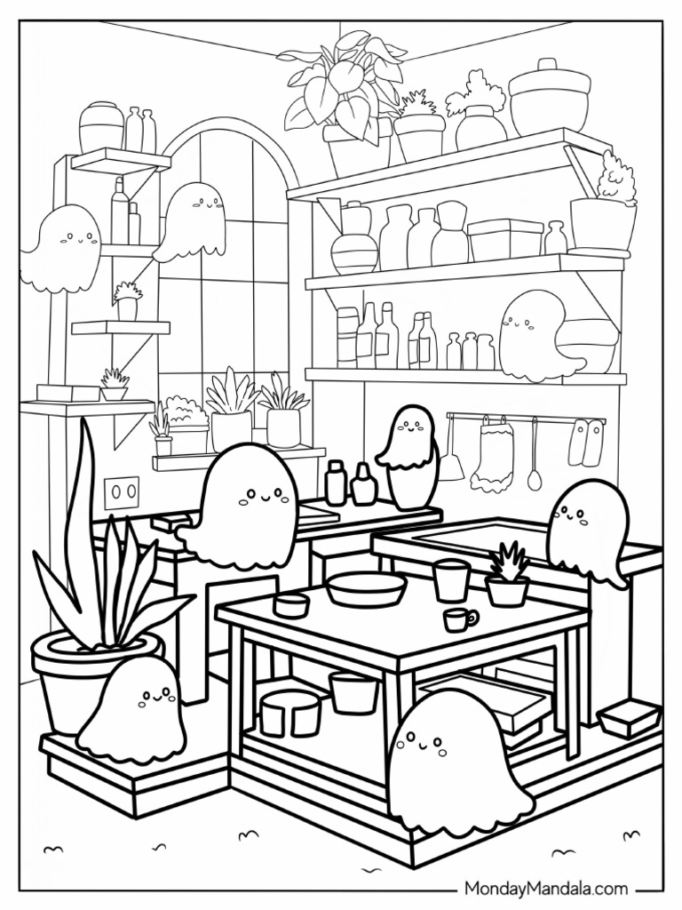 Ghosts Lingering in A Cozy Kitchen Coloring Page | PDF