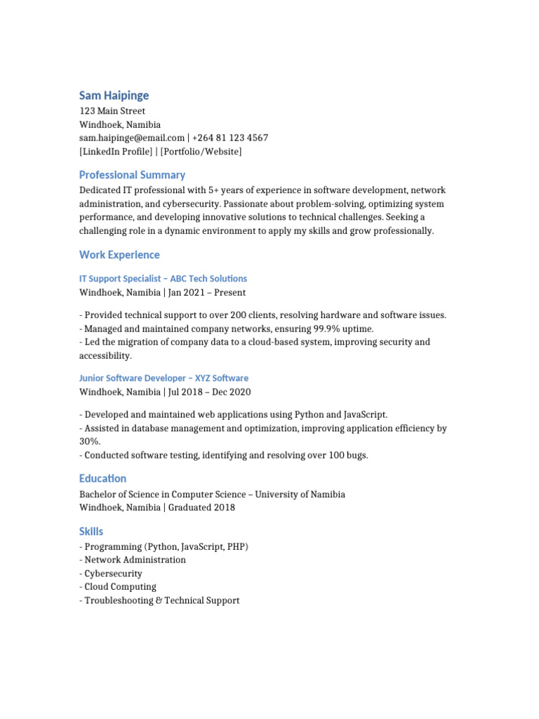 Sam Haipinge CV | PDF