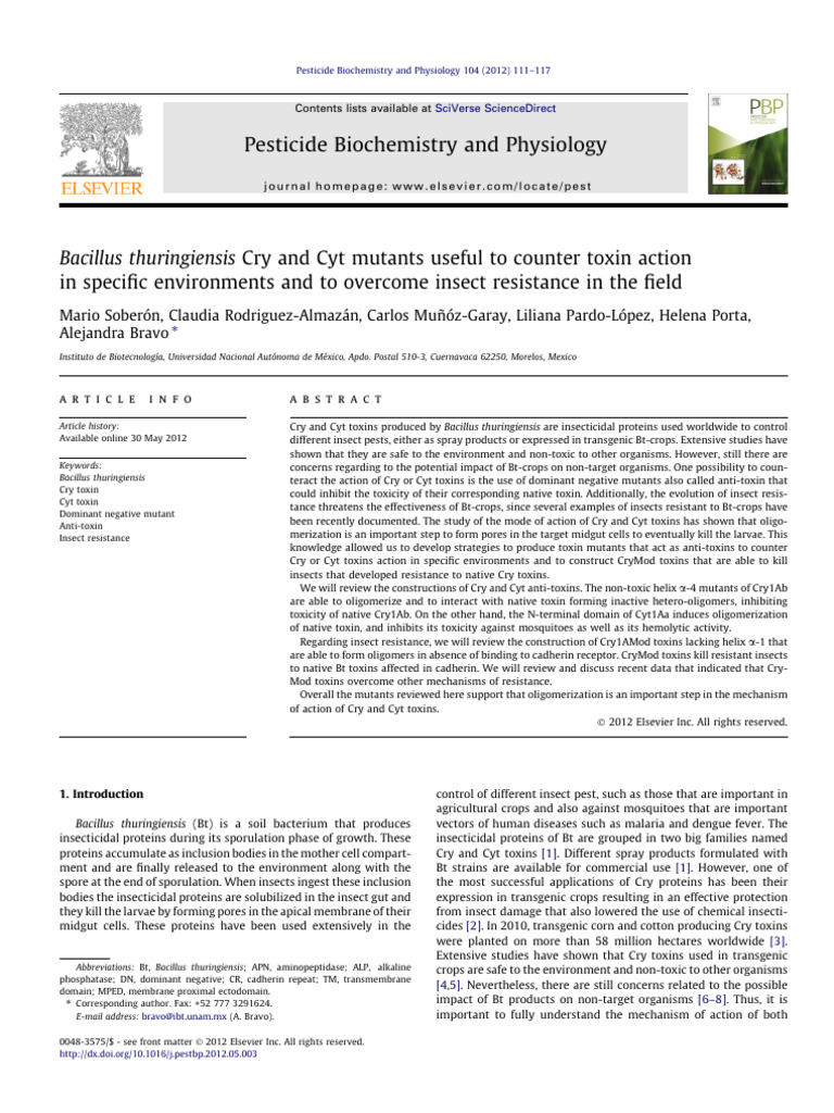 Bt Toxin Mutants for Insect Resistance | PDF | Biotechnology | Biology