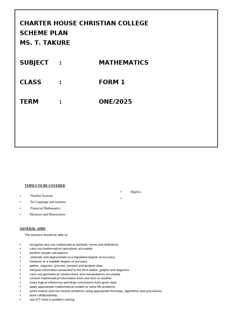 Form 1 Mathematics Scheme | PDF | Multiplication | Algebra