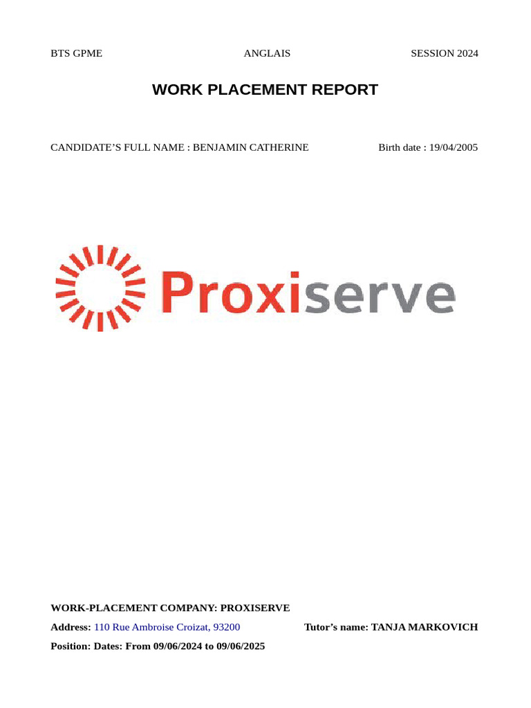 Work Placement Report Benjamin Catherine | PDF | Internship | Job Hunting