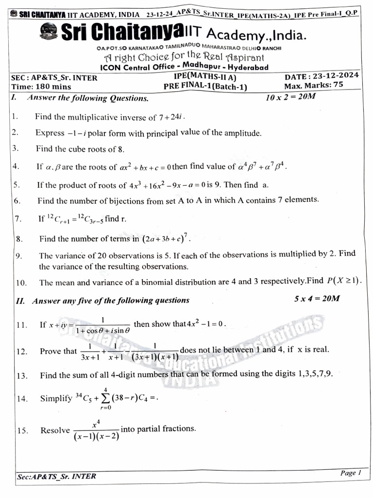 23.12.2024 Maths - 2A PRE Final Paper | PDF