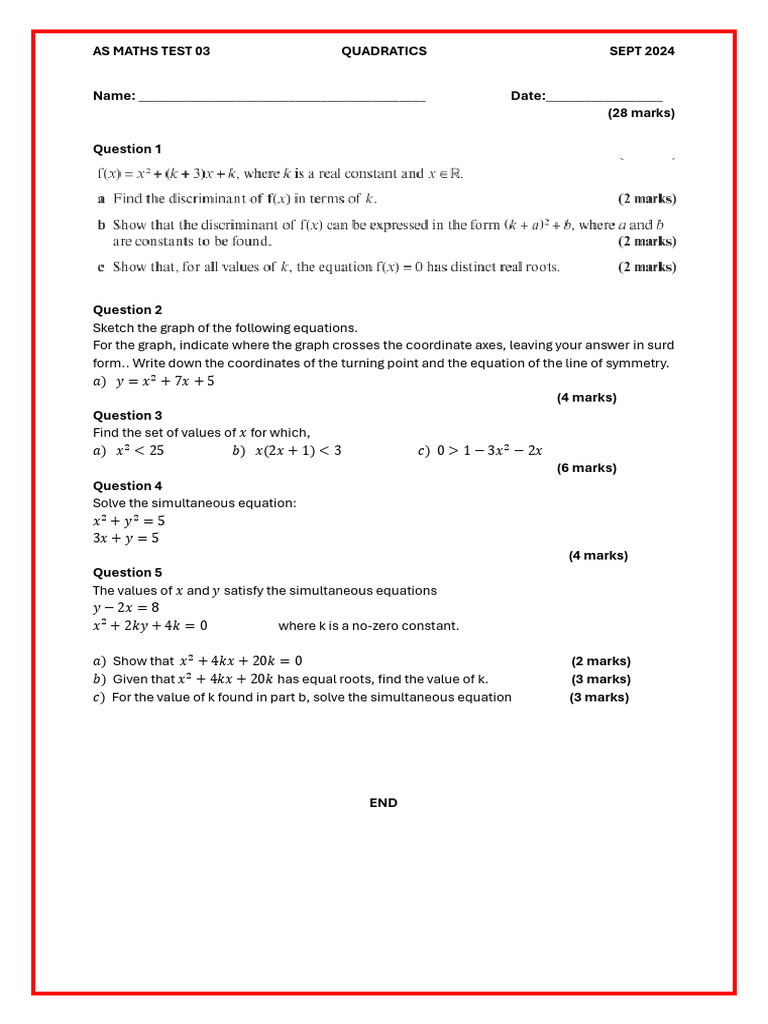 Test 03 Quadratic Inequalities | PDF