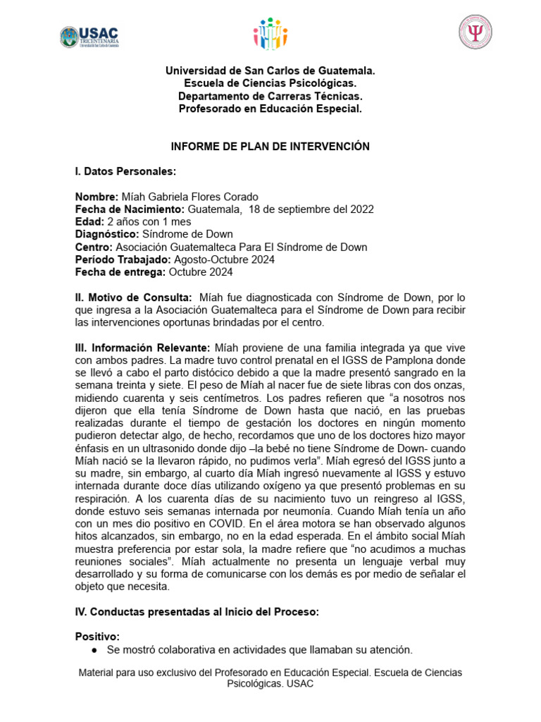 Informe Del Plan de Intervención de Míah Flores | PDF | Comunicación ...