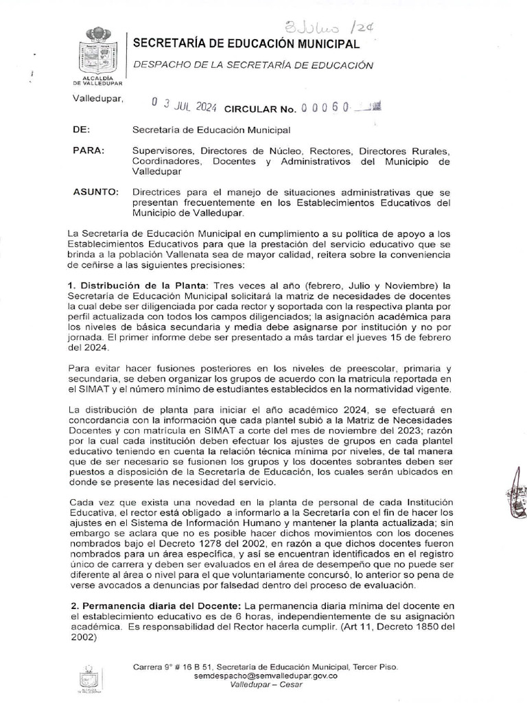 Circular 00060 Directrices Administrativas | PDF