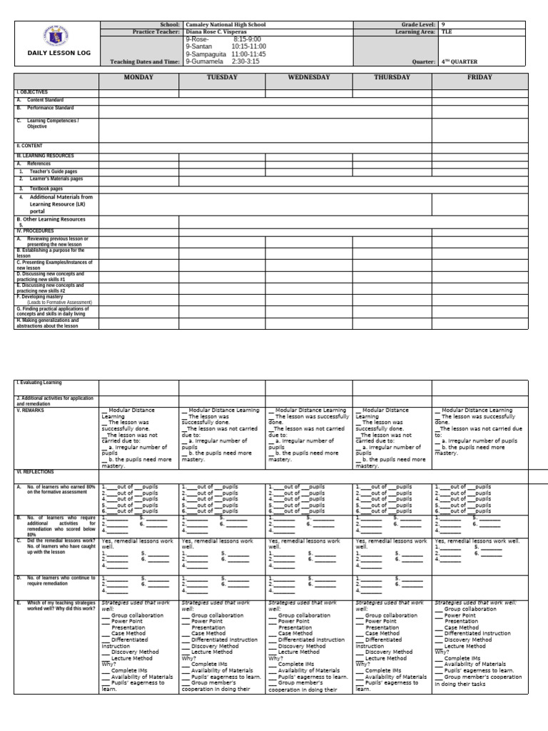 DLL TEMPLATE FOR ENGLISH, MATH, SCIENCE, TLE, MAPEH ETC | PDF | Learning | Differentiated ...