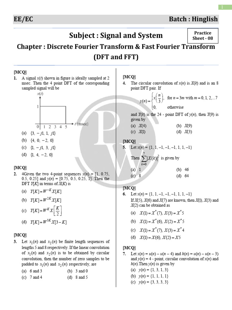 8 DFT and FFT - Practise Sheet | PDF | Discrete Fourier Transform | Fast Fourier Transform