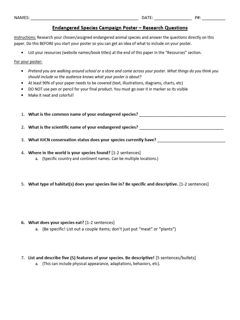 Endangered Species Project - Instructions and Questions | PDF ...