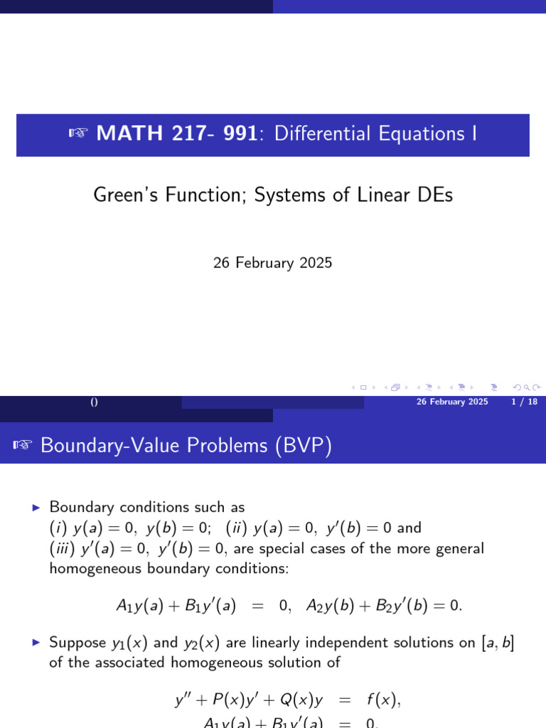 Note #20-Greens Function and Systems of DEs-1 | PDF | Green's Function | Boundary Value Problem