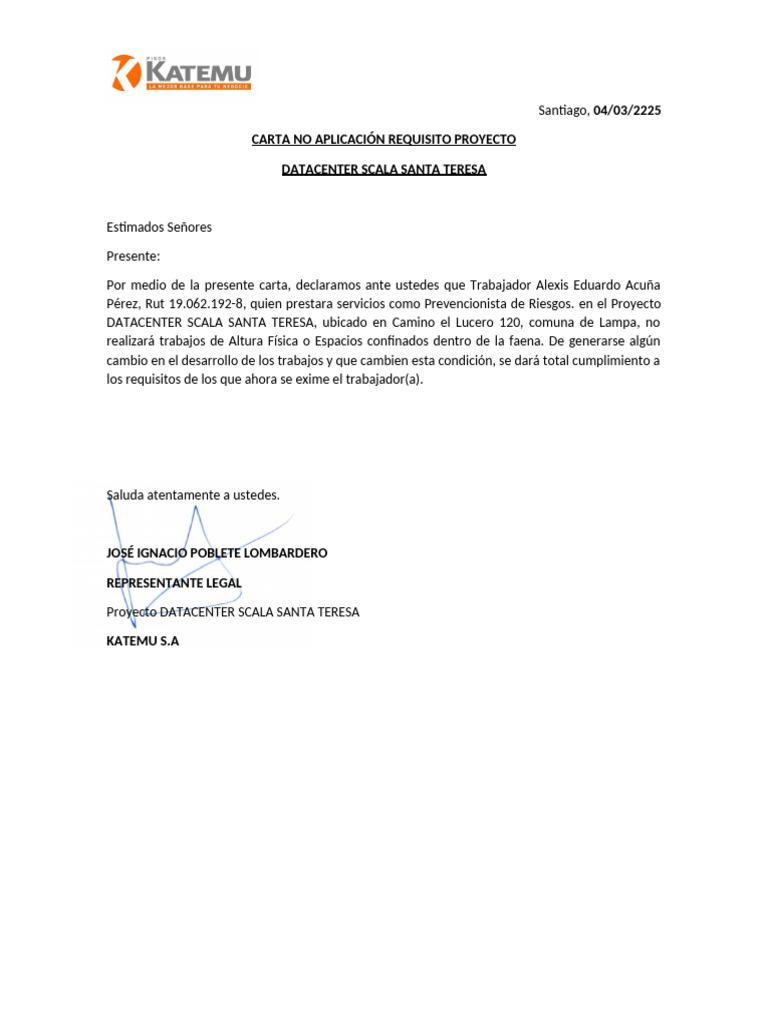 Carta No Aplica Requisito 2.7 Alexis Acuña | PDF