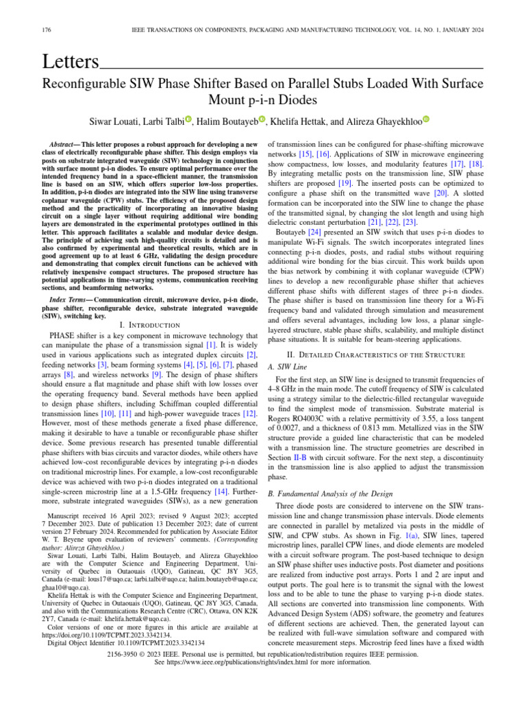 Reconfigurable SIW Phase Shifter Based on Parallel Stubs Loaded With ...