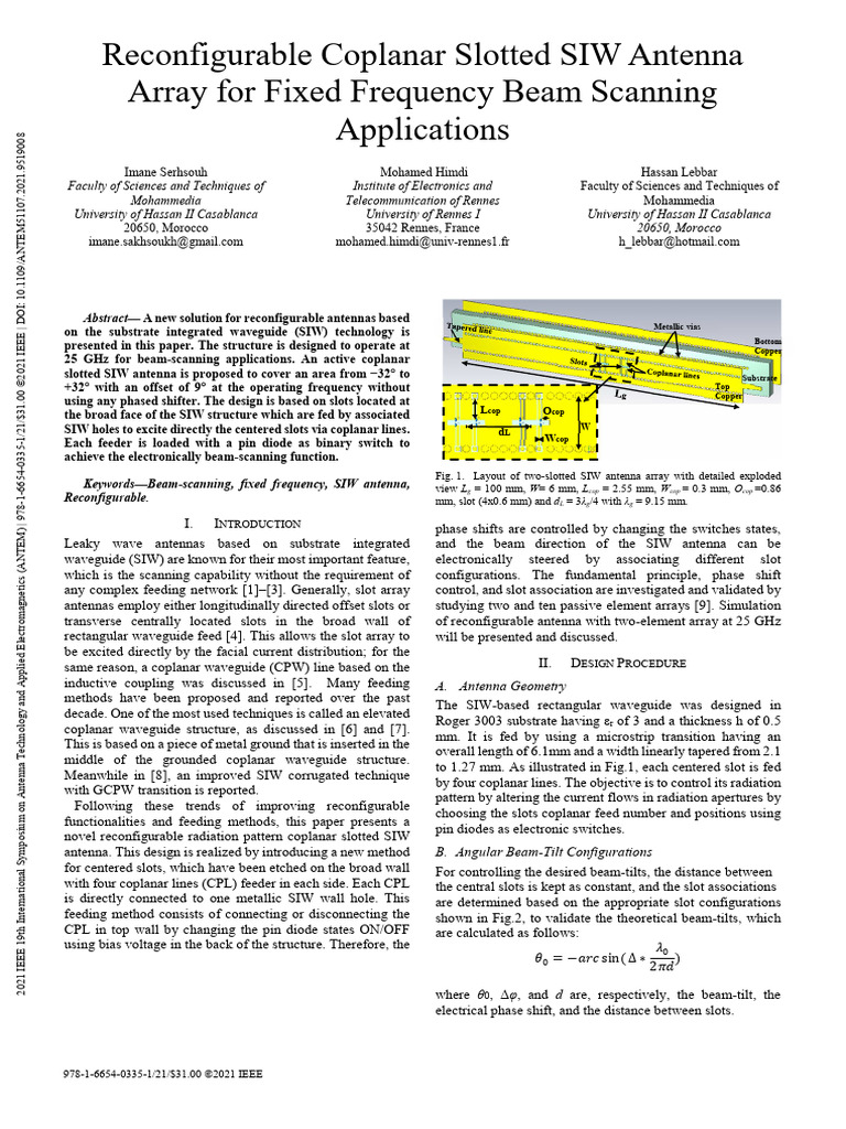 Reconfigurable Coplanar Slotted SIW Antenna Array for Fixed Frequency Beam Scanning Applications ...
