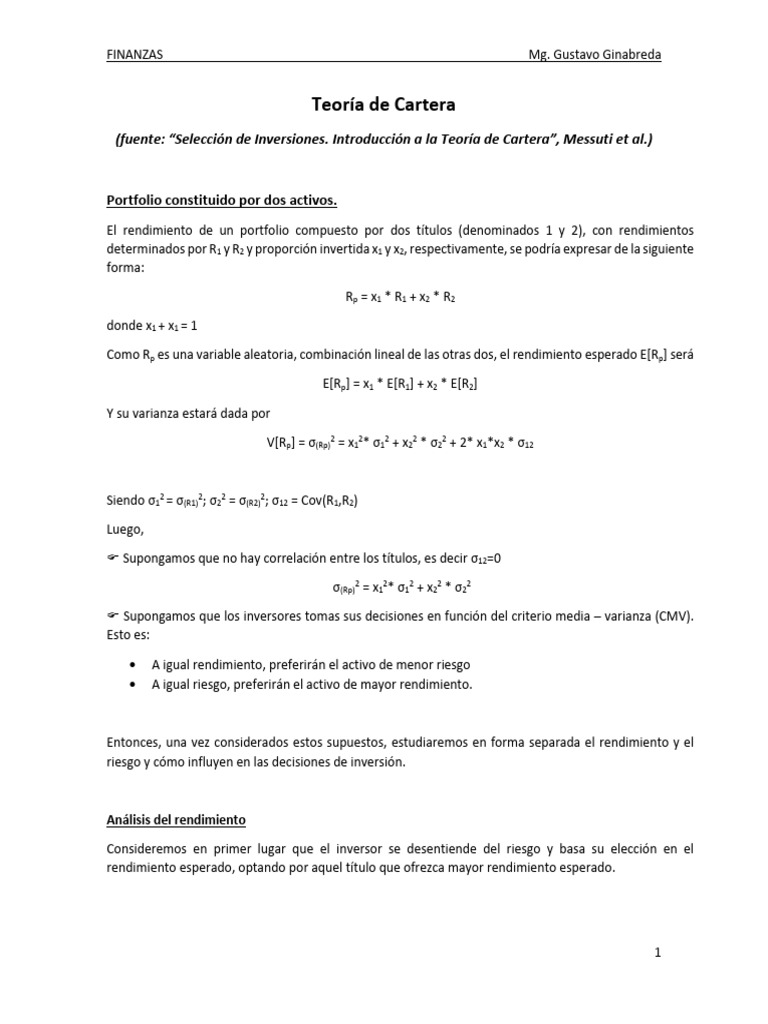 Teoría de Cartera - Parte 1 | PDF | Diferencia | Portafolio (Finanzas)