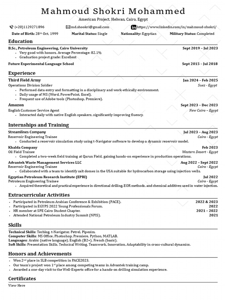 Mahmoud Shokri Mohammed CV 2025 | PDF | Egypt | Petroleum Reservoir