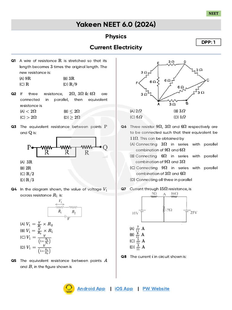 Current Electricity _ DPP 01 __ Yakeen NEET 6.0 2024 | PDF | Analog Circuits | Electronic Circuits