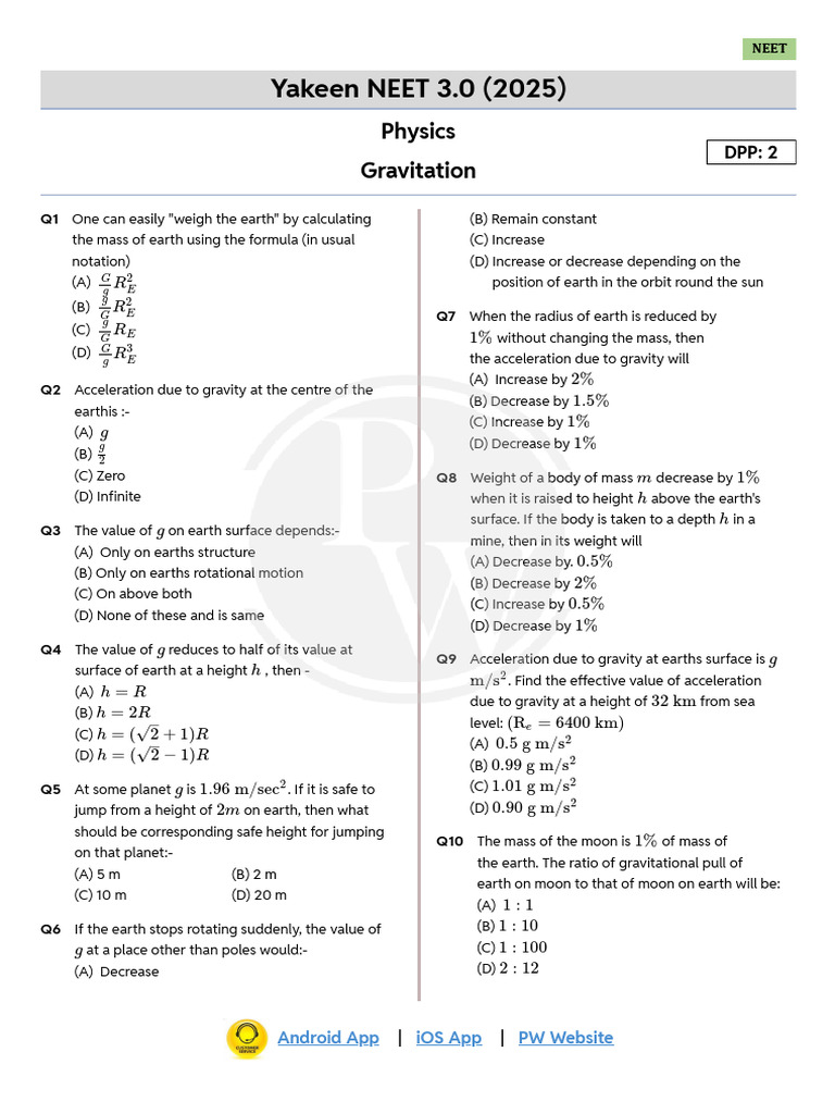 Gravitation _ DPP 02 (Of Lec-05) __ Yakeen NEET 3.0 2025 | PDF | Gravity | Acceleration