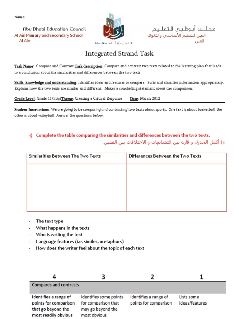 Compare and Contrast Sports Texts Task | PDF | Language Arts & Discipline