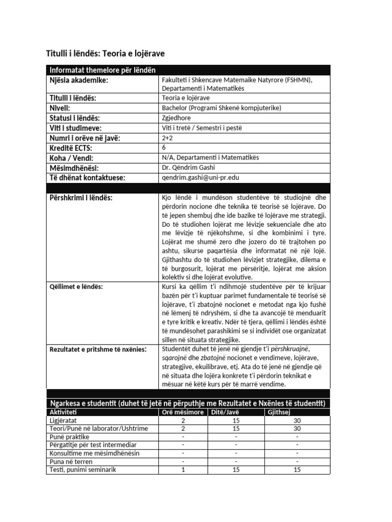 Titulli I Lëndës: Teoria e Lojërave | PDF