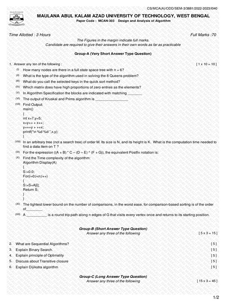 Design and Analysis of Algorithm (MCAN 303) - 3881 - I040 | PDF | Time Complexity | Algorithms