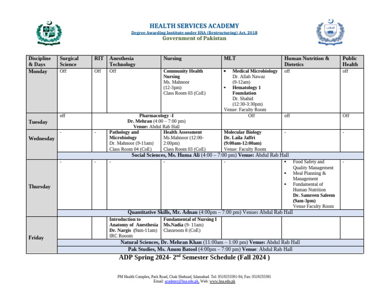 ADP (Semester II Schedule)- Fall 2024 | PDF | Health Sciences ...