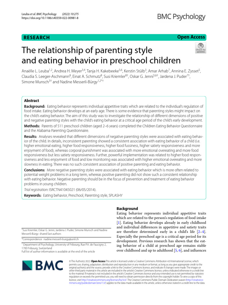 The Relationship of Parenting Style and Eating Behavior in Preschool Children | PDF | Eating ...
