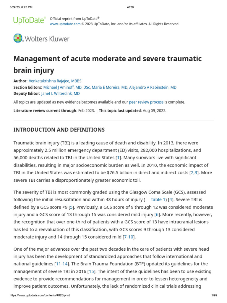 Management of Acute Moderate and Severe Traumatic Brain Injury | PDF ...