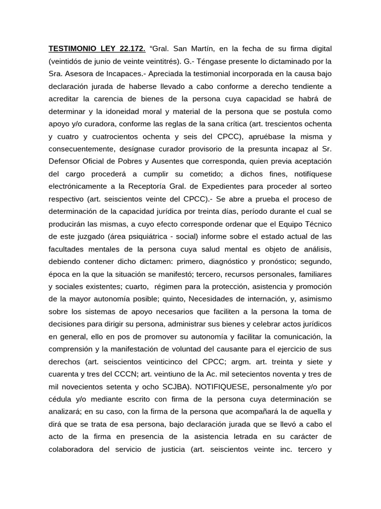 Modelo Testimonio Ley 22.172 (Rpicaba) | PDF