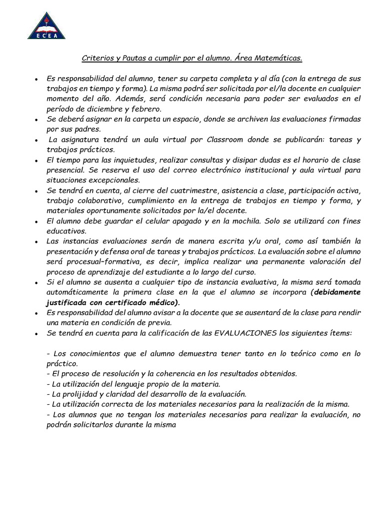 Criterios y Pautas de Evaluaci-N de Matem-Ticas 2025 | PDF | Salón de clases | Escuelas