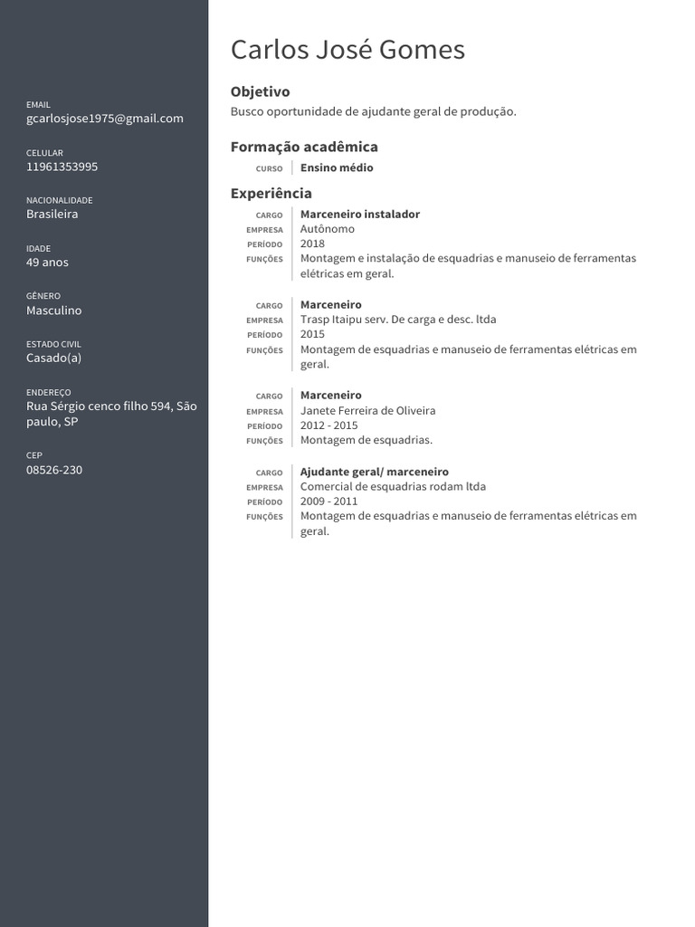Carlos José Gomes - Currículo | PDF