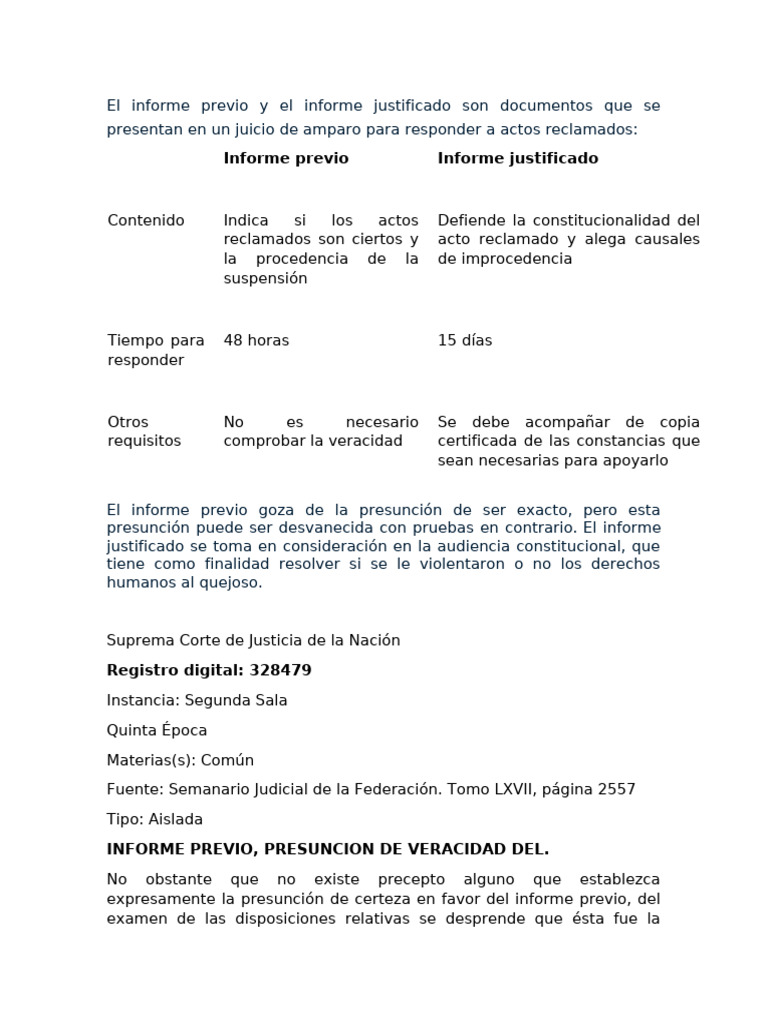 El informe previo y el informe justificado son documentos que se presentan en un juicio de ...