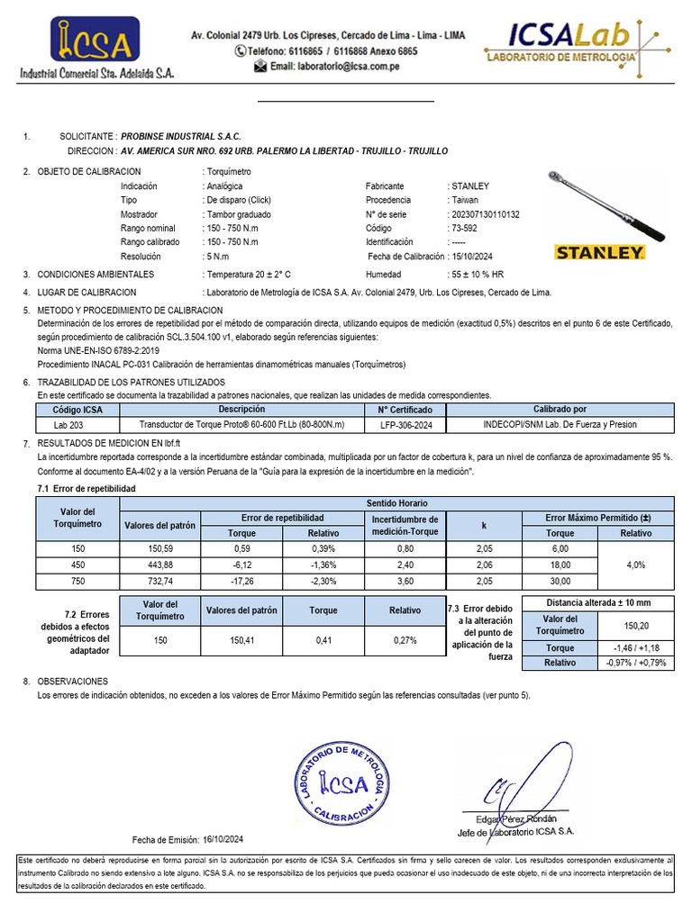 CERTIFICADO N° CC0103-2025 PROBINSE INDUSTRIAL SAC (Torquimetro STANLEY 150-750 Lbf.ft) | PDF ...