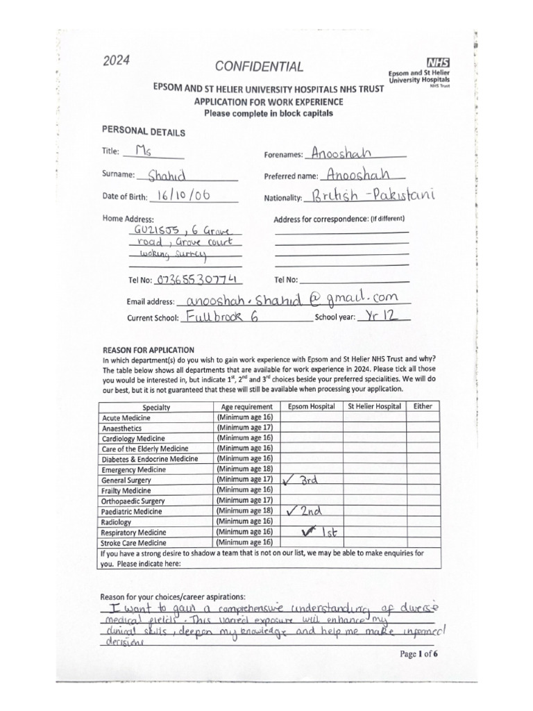 Epsom Hospital Completed Forms | PDF