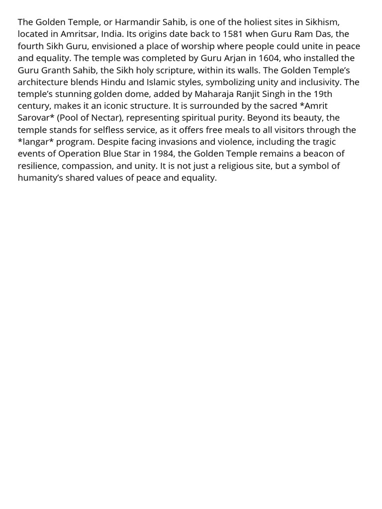 Golden Temple: Sikhism's Holiest Site | PDF