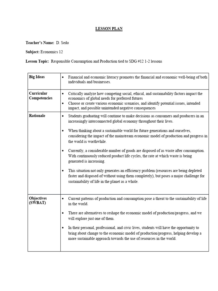 Responsible Consumption and Production Lesson Plan | PDF ...