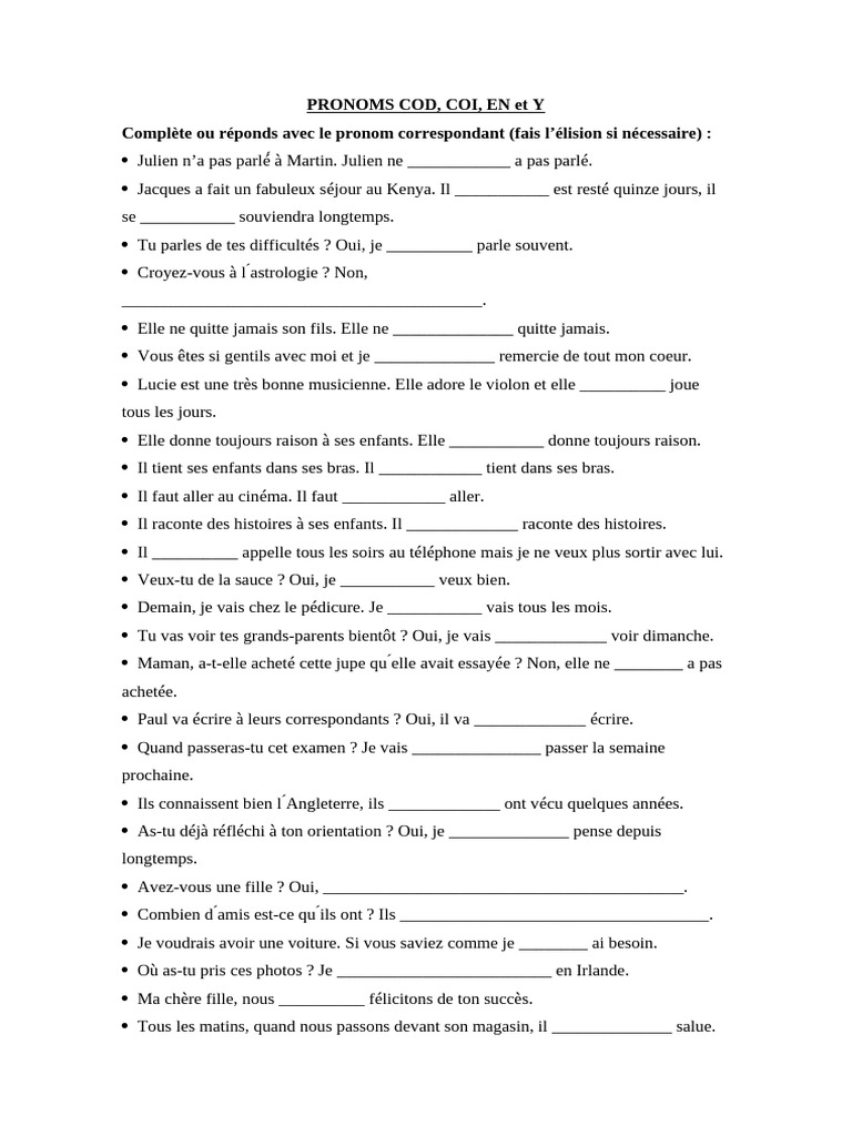 Exercices sur les pronoms COD et COI | PDF