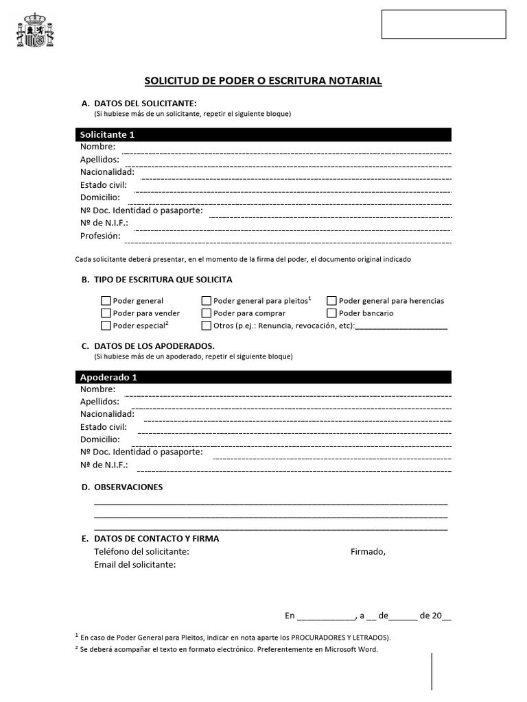 Solicitud Poder o Escritura Notarial | PDF