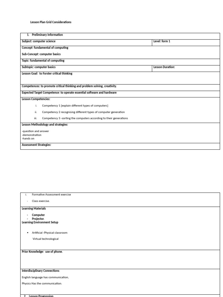 Lesson Plan Grid Considerations Edited | PDF | Learning | Cognitive Science