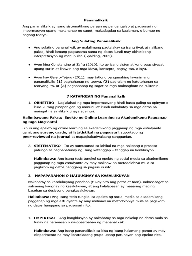 Panimula sa Pananaliksik at 7 Katangian.docx | PDF