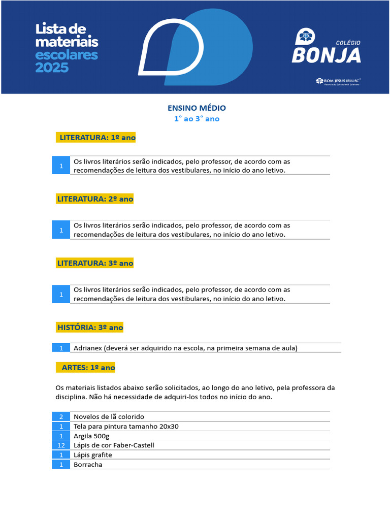 Materiais e Datas Ensino Médio 2025 | PDF | Faculdade