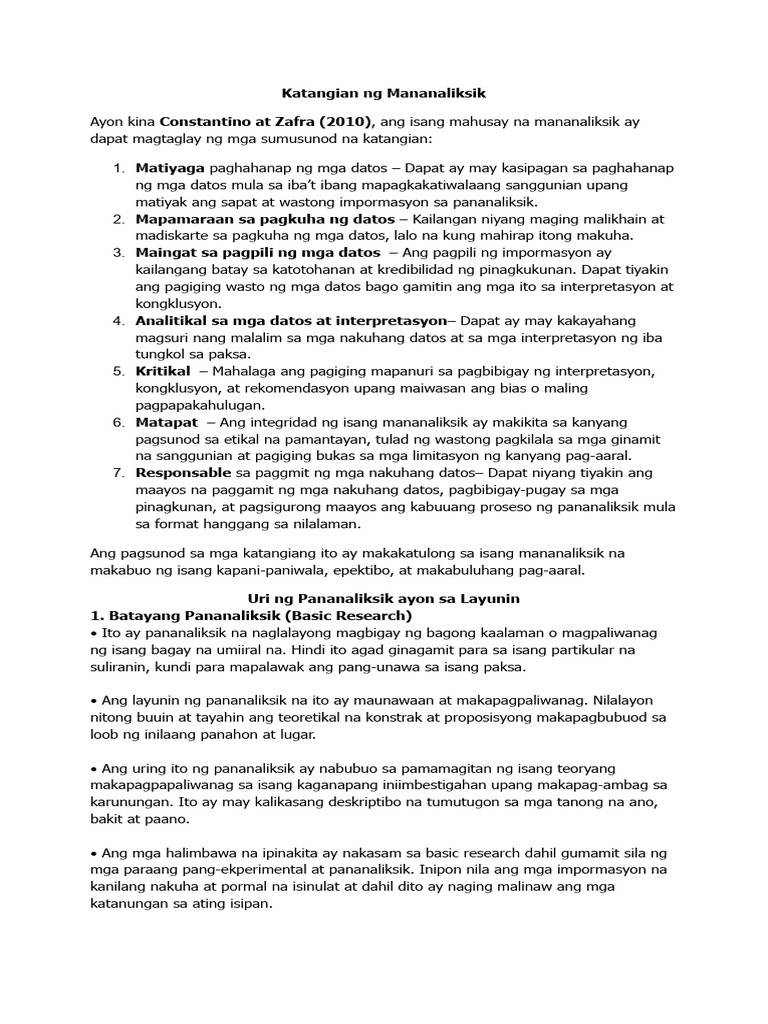 7 Katangian NG Mananaliksit at 3 Uri NG Pananaliksik Ayon Sa Layunin | PDF