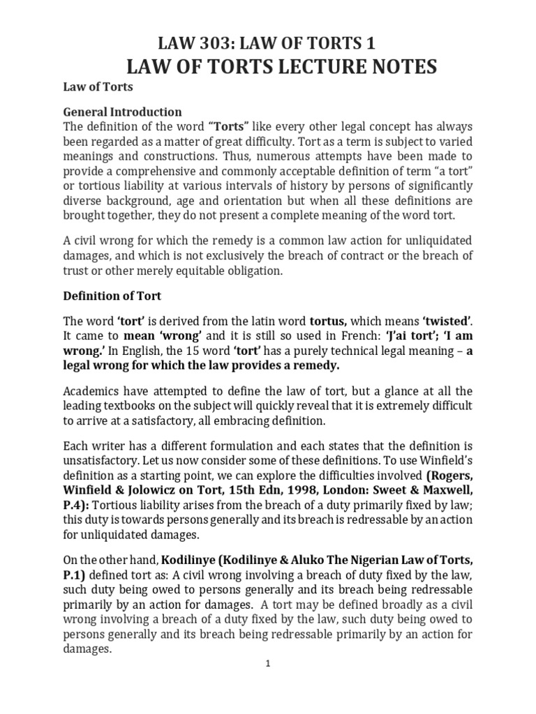 Law of Torts Lecture | PDF | Tort | Damages