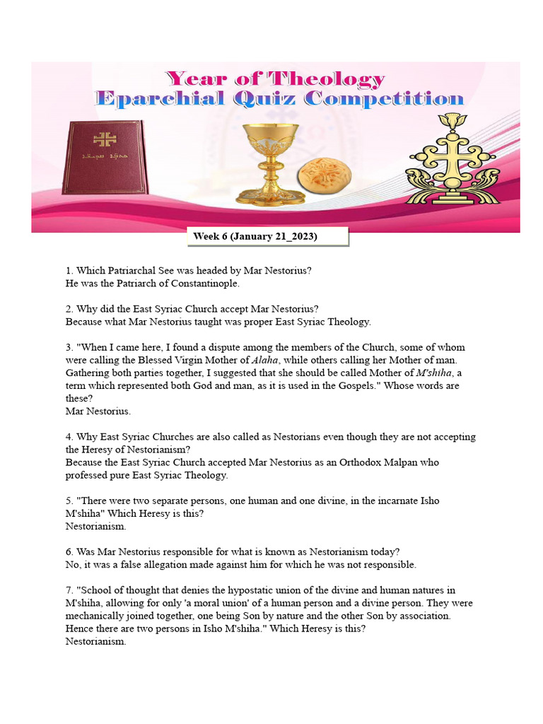 Theology Quiz on Nestorianism | PDF | Heresy | Arianism