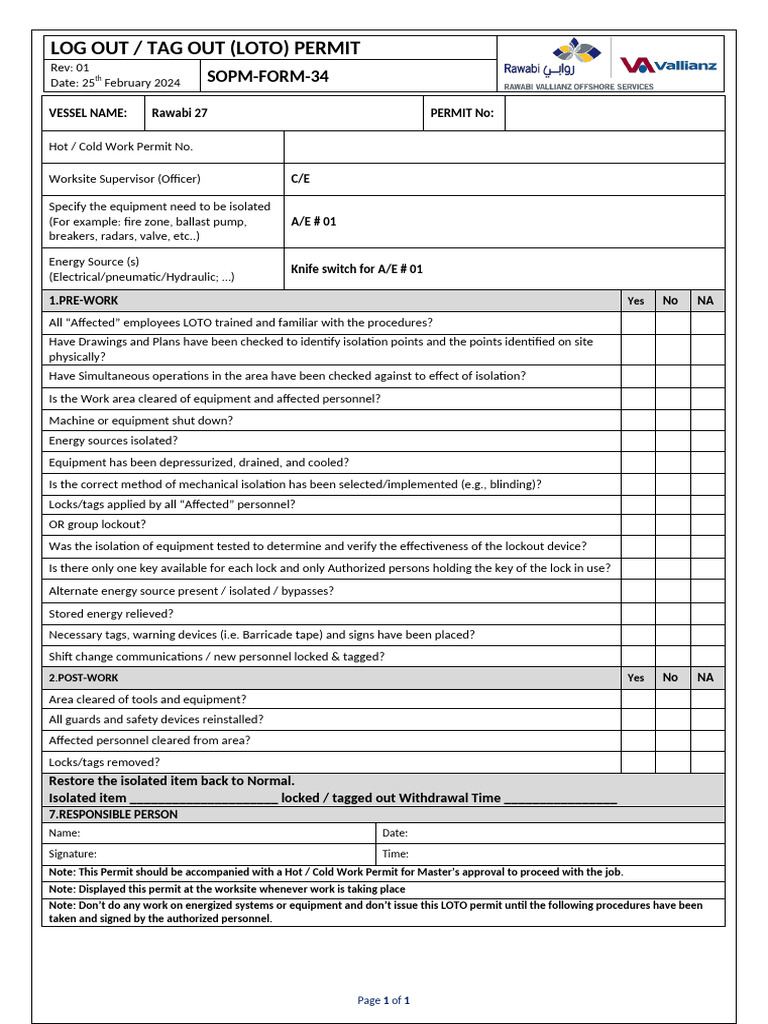 SOPM-FORM-34 Log Out-Tag Out (LOTO) Permit Rev 01 | PDF